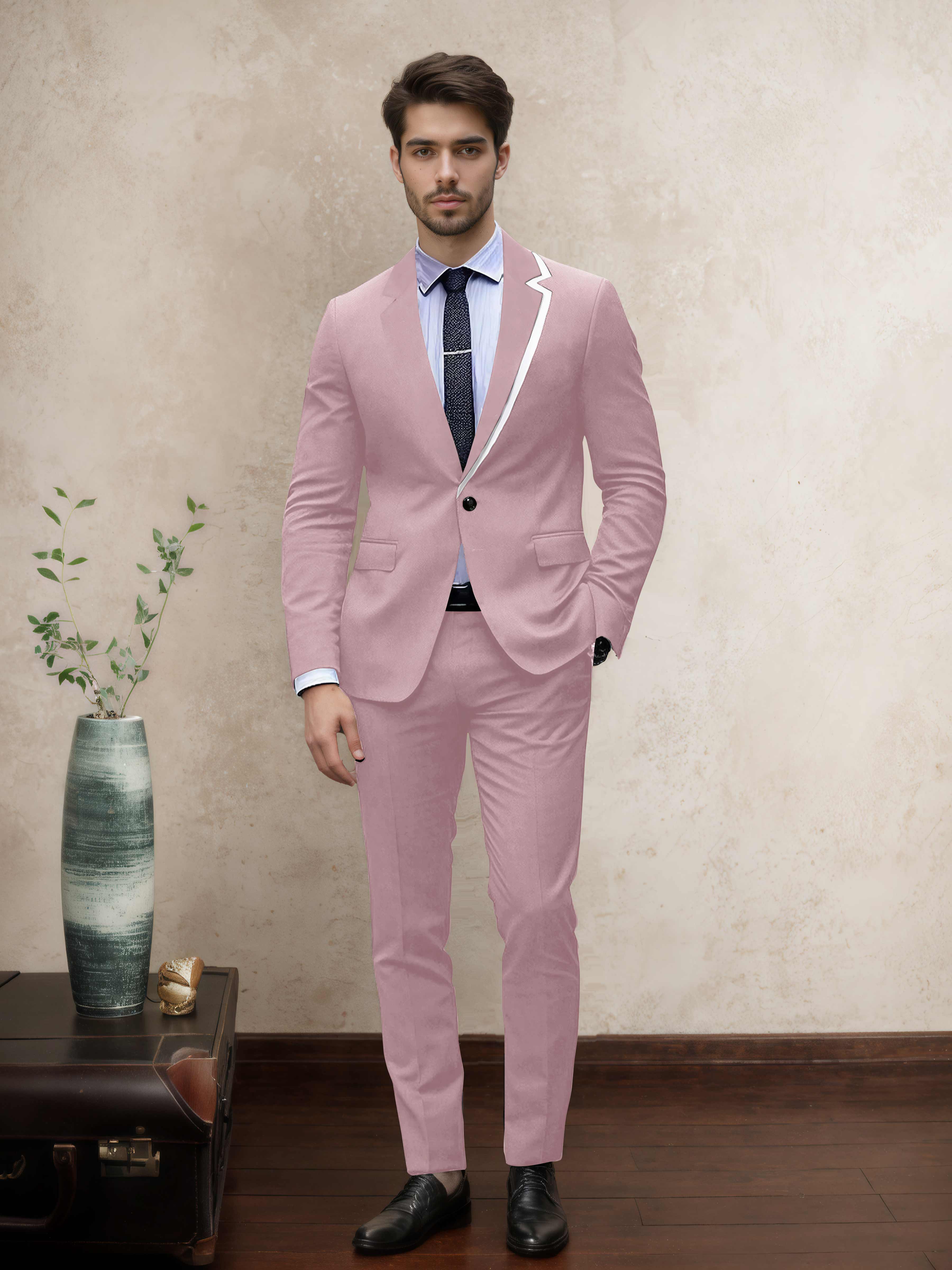 Modern Contrast Panel Men's 2 Pieces One Button Notch Lapel Wedding Su