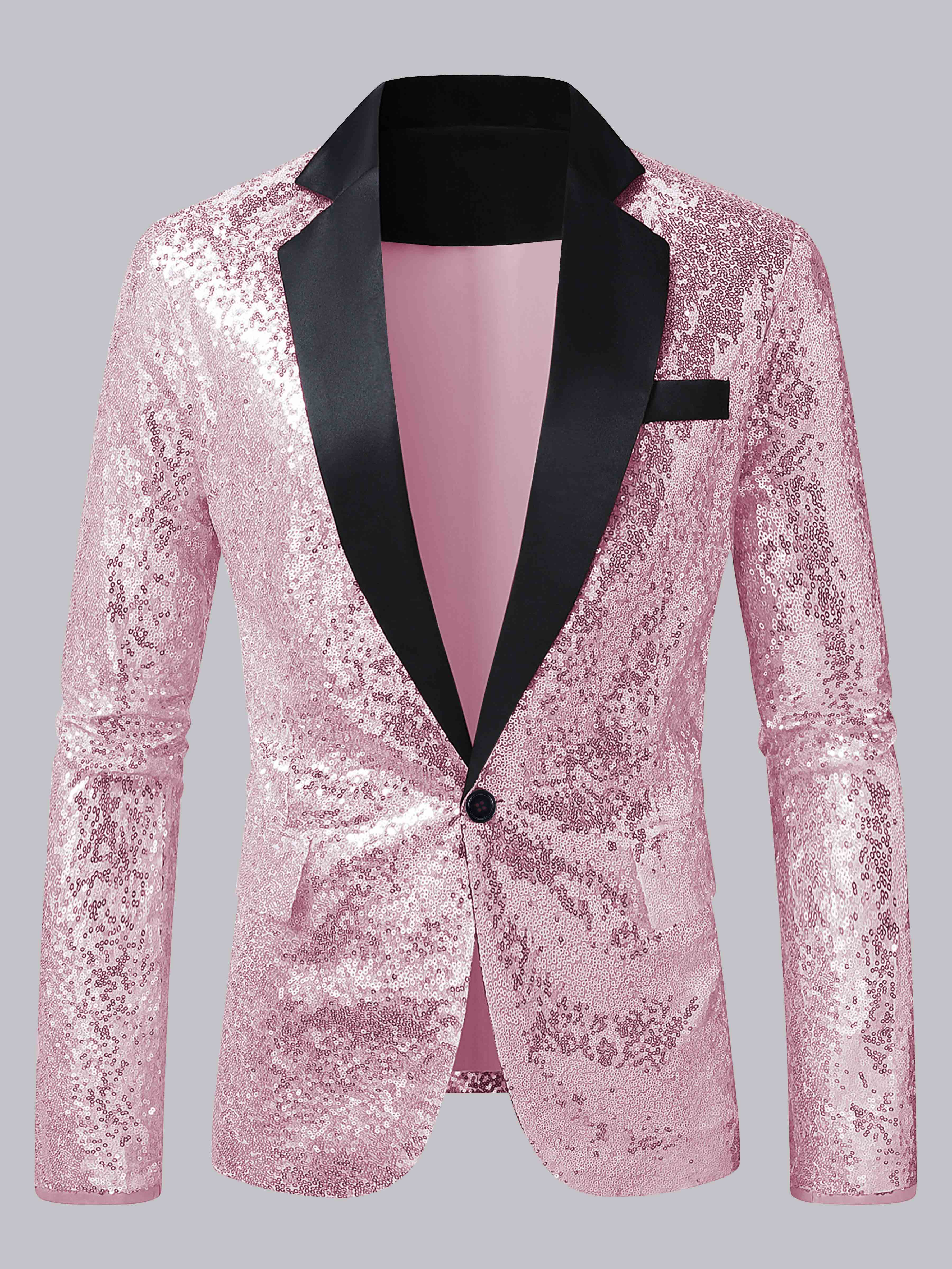 Sequin Men's Contrast Trim One Button Notch Lapel Prom Suit Jacket