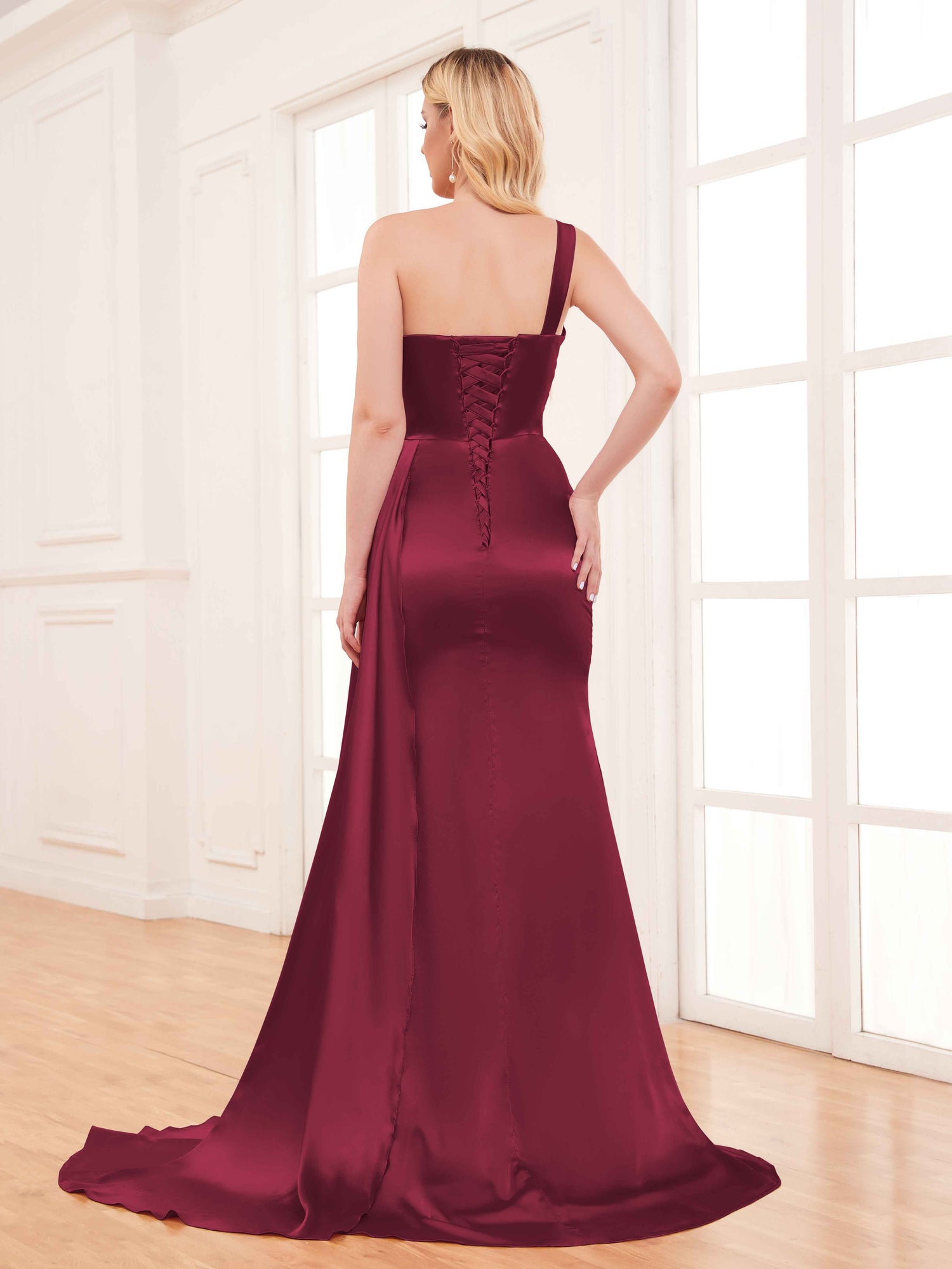 Blakely Gorgeous One Shoulder Sweep Train Satin Bridesmaid Dresses