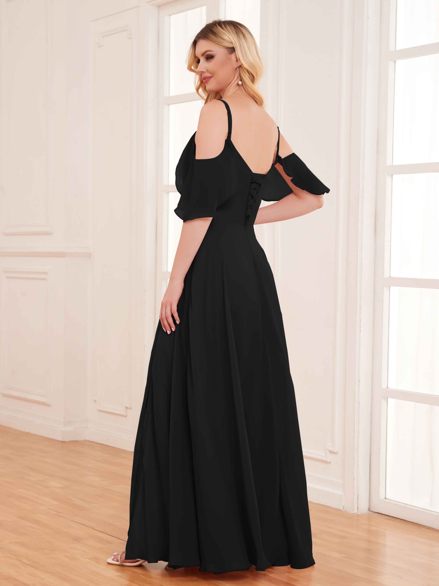 Charlie Unique V Neck Draped Sleeves Chiffon Bridesmaid Dresses