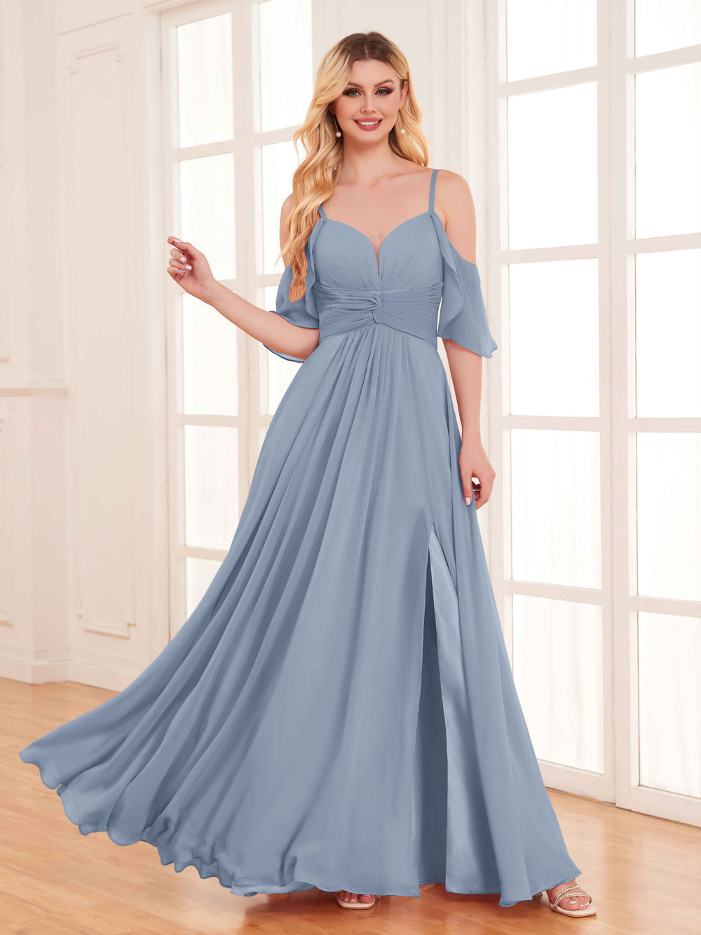 Charlie Unique V Neck Draped Sleeves Chiffon Bridesmaid Dresses