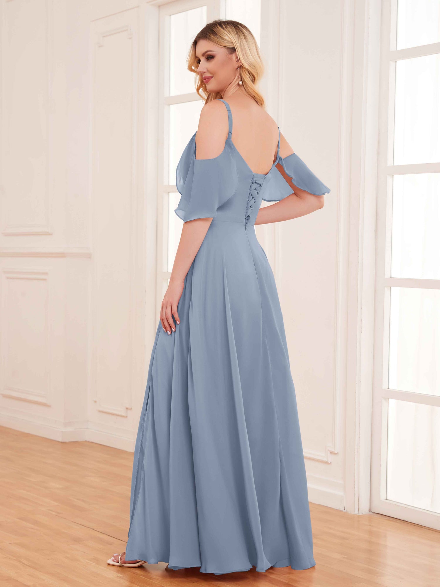 Charlie Unique V Neck Draped Sleeves Chiffon Bridesmaid Dresses