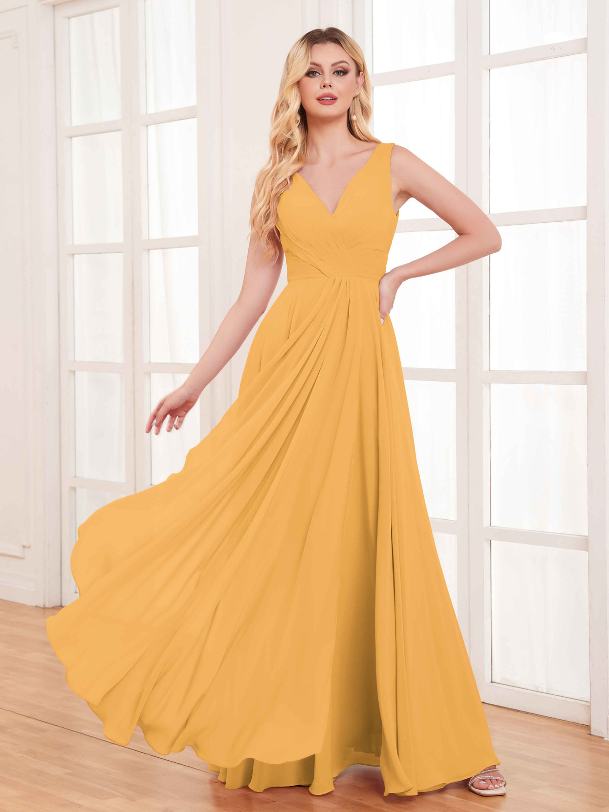 Katherine Modest V Neck Slit Long Chiffon Bridesmaid Dresses