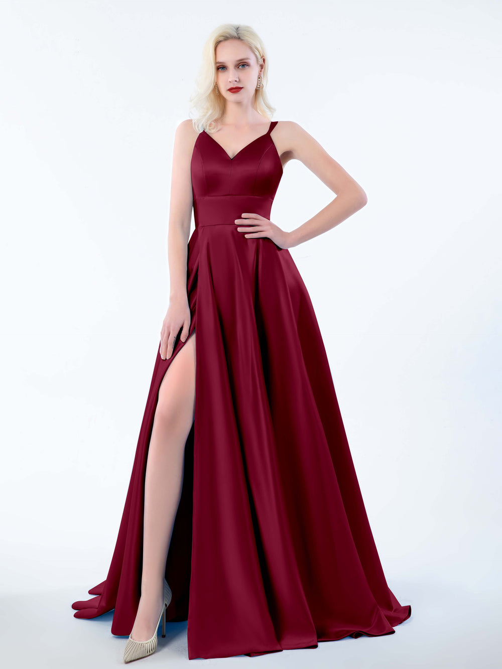 Molly Elegant V Neck Corset Back Slit Satin Dresses